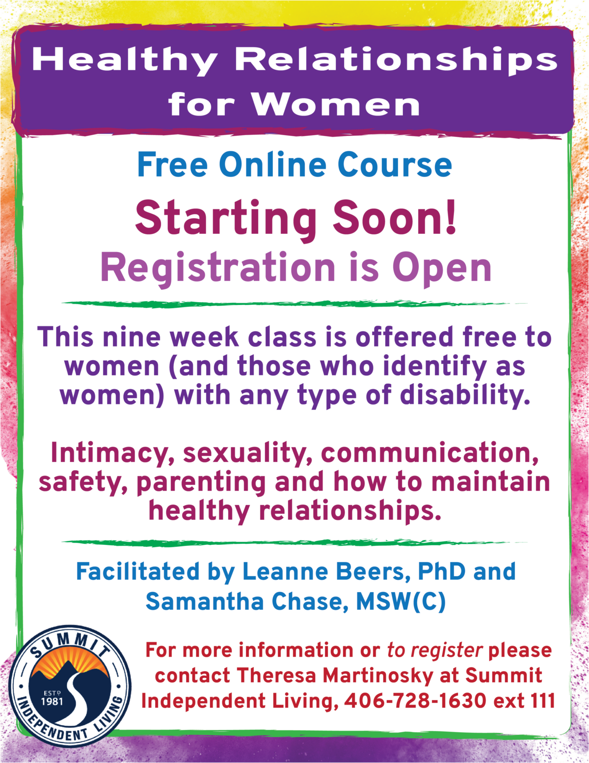 Healthy Relationships Online Class Flyer-01 – Summit Independent Living